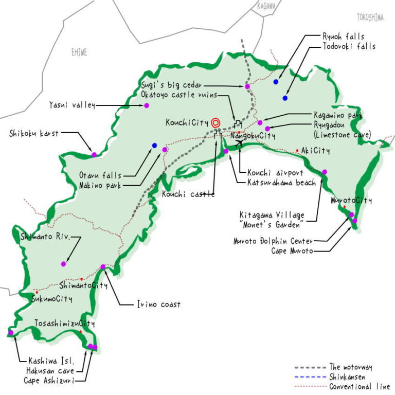 Kochi prefecture's map of sightseeing spots, famous places, famous ...