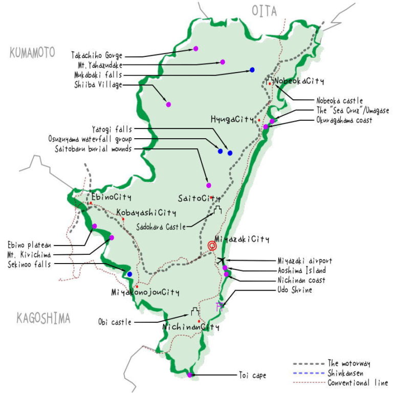 Miyazaki prefecture. Map of sightseeing spots, famous places, famous ...